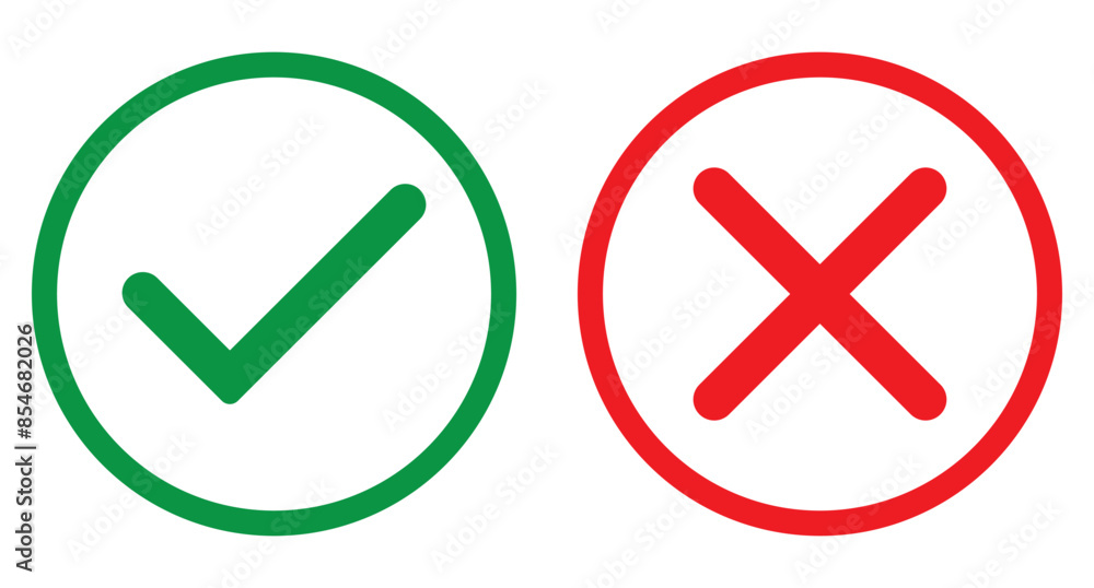 Set of red X and green check mark icon with stroke line. Tick and cross ...