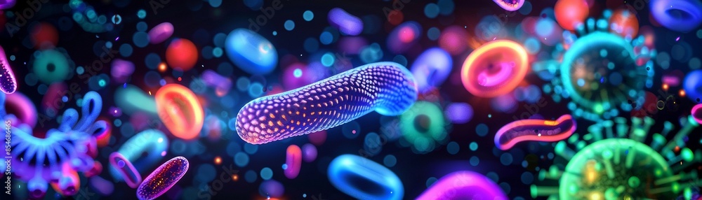 Abstract display of brightly colored, detailed microbial forms against ...