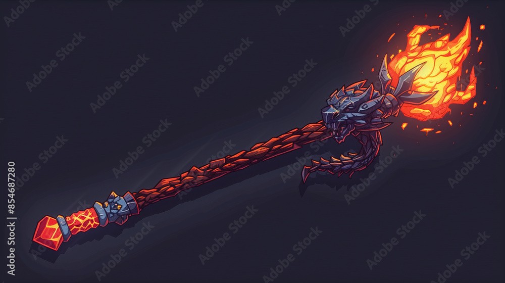 A pixel art mage staff with a dragon head and fiery red gem , game ...