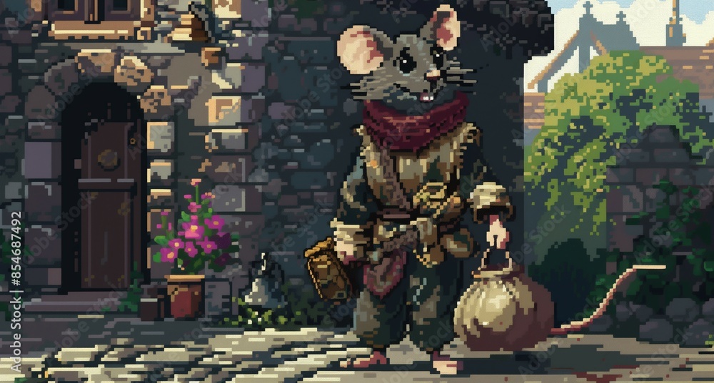 Poster A pixel art rat-man character in rags, carrying a sack of loot , game assets, pi ...