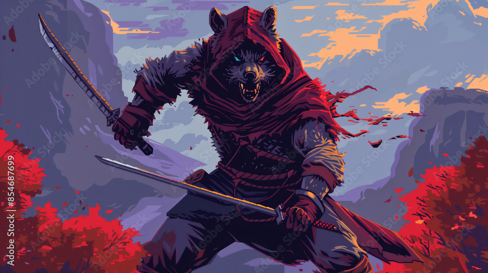 A pixel art wolf-man character with a hood and dual daggers, ready to ...