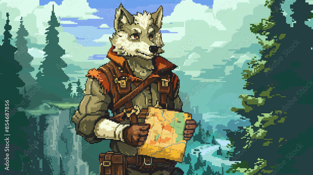 A pixel art wolf-man character in a rugged explorer outfit with a map ...