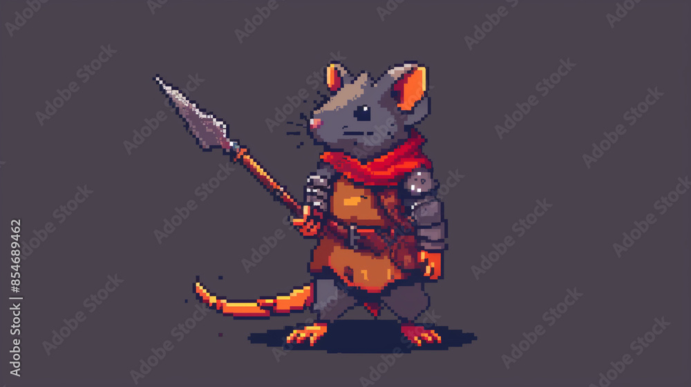 A pixel art rat-man character with armor and a spear , game assets ...