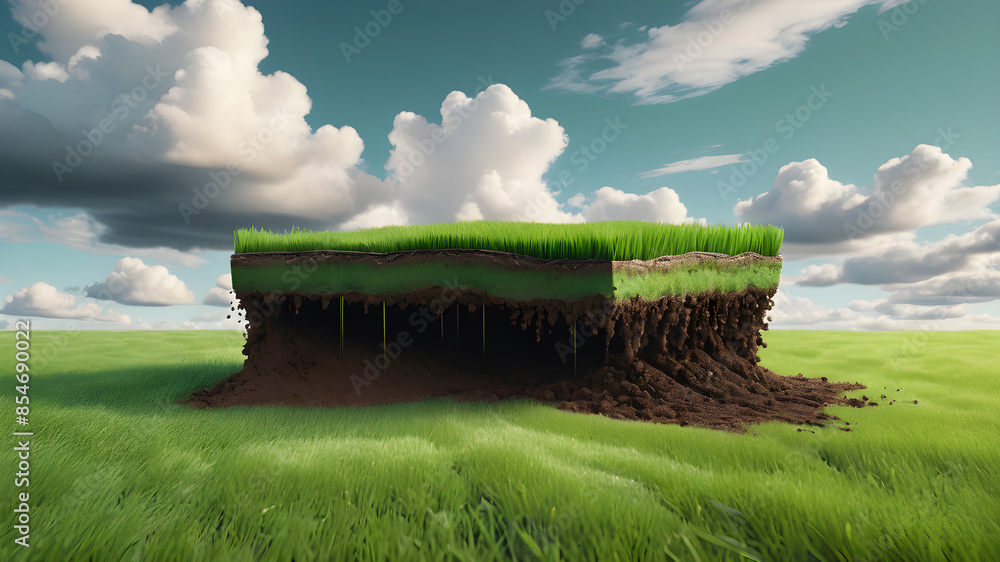 Floating slice of land with green grass surface and soil section ...