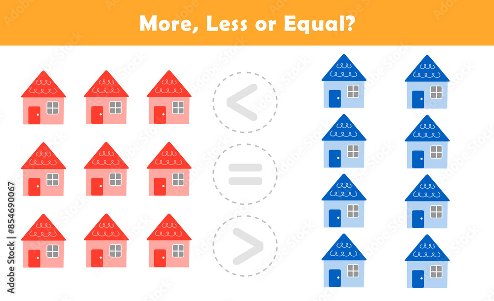 Comparison Worksheet with Cute Cartoon House for Kids. Counting Games ...