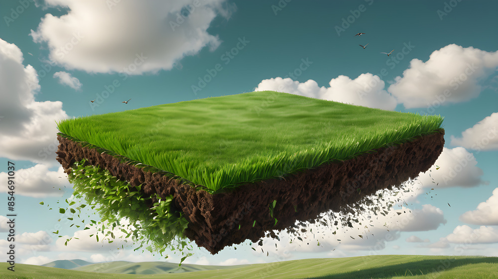 Floating slice of land with green grass surface and soil section ...