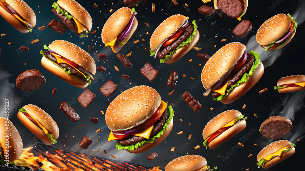 Grill burger, realistic 3d burgers falling in the air, grilled meat ...