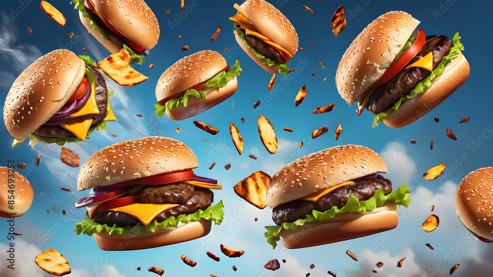 Grill burger, realistic 3d burgers falling in the air, grilled meat collection, ultra realistic ...