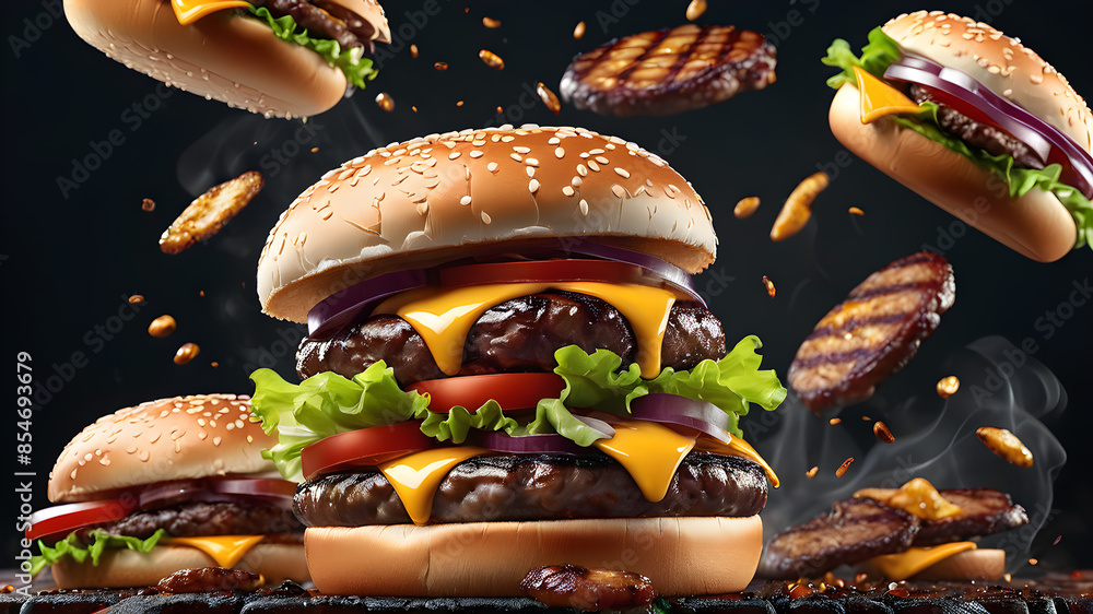 Grill burger, realistic 3d burgers falling in the air, grilled meat ...