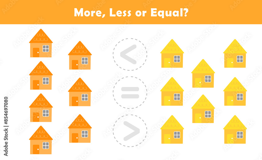 Comparison Worksheet with Cute Cartoon House for Kids. Counting Games ...