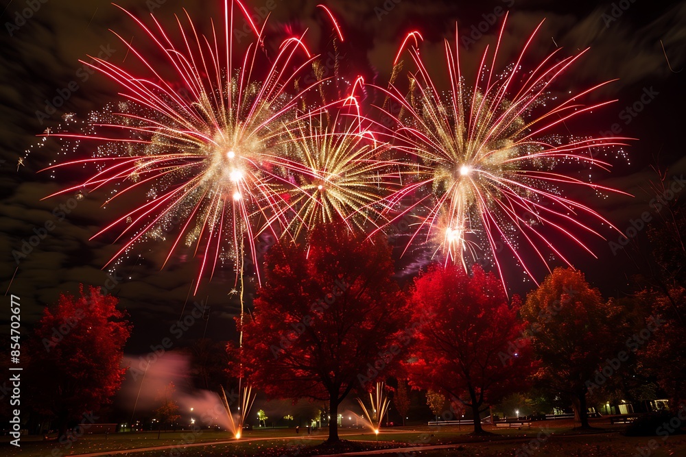 Red and gold fireworks creating a dramatic display over a quiet ...