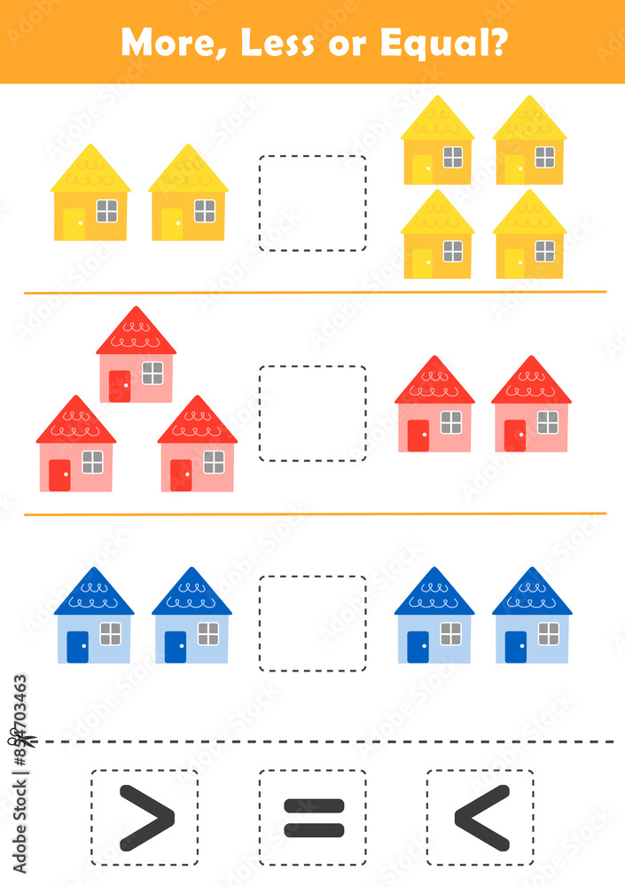 Comparison Worksheet with Cute Cartoon House for Kids. Counting Games ...