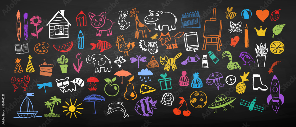 Vector color chalk drawn line art child drawings style illustration set ...