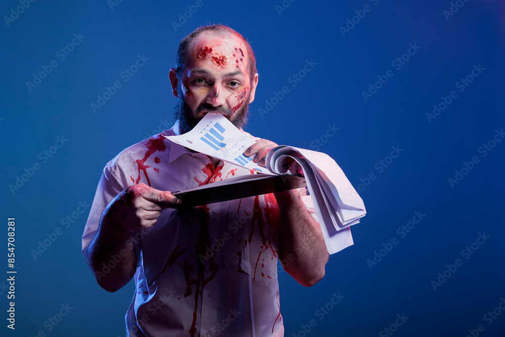 Portrait of mindless accountant worked to death, doing paperwork ...