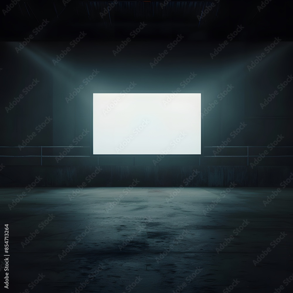Empty dark room with a bright white screen, suitable for presentations ...