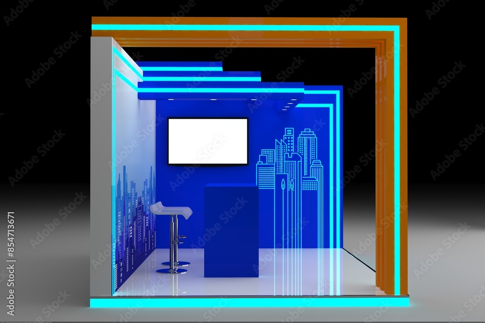 3d illustration stand booth 4x3 m digital futuristic skyline decoration ...