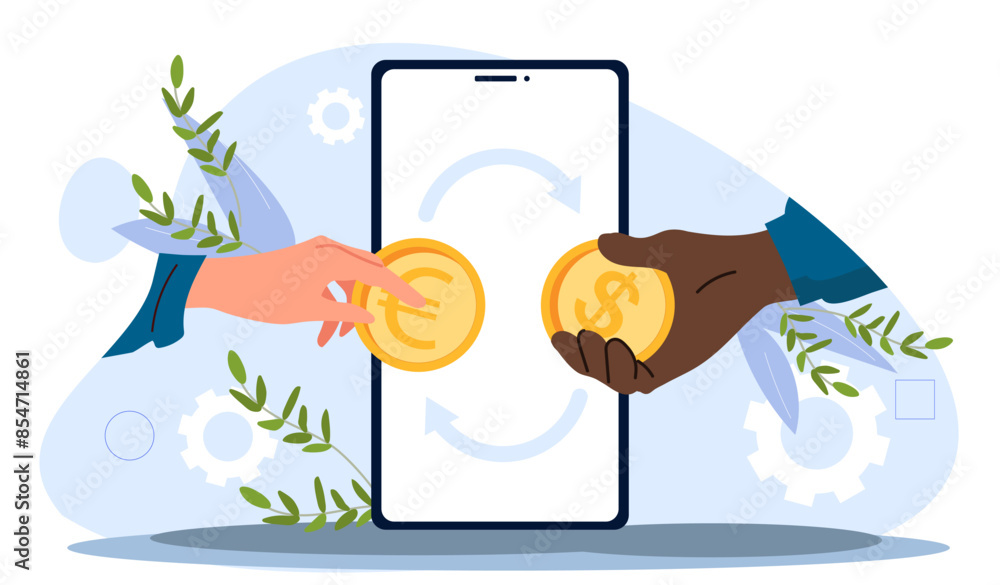 Money transfer at smartphone. Hands with gold coins near mobile phone ...