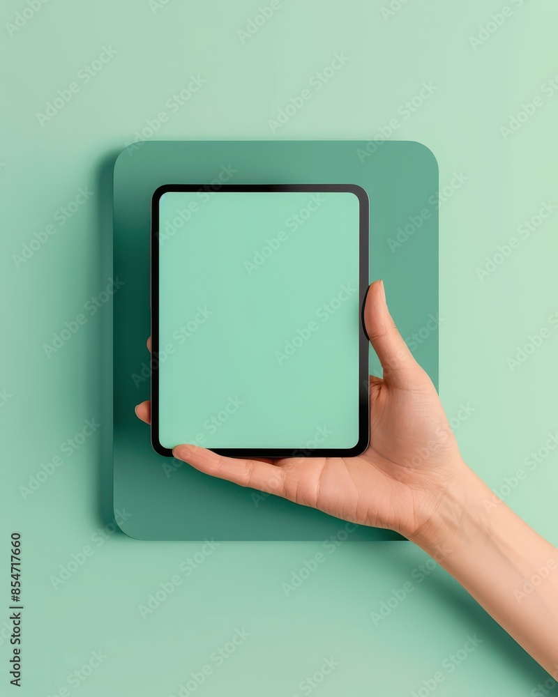 hand holding tablet with unique vertical blank green screen mock-up ...