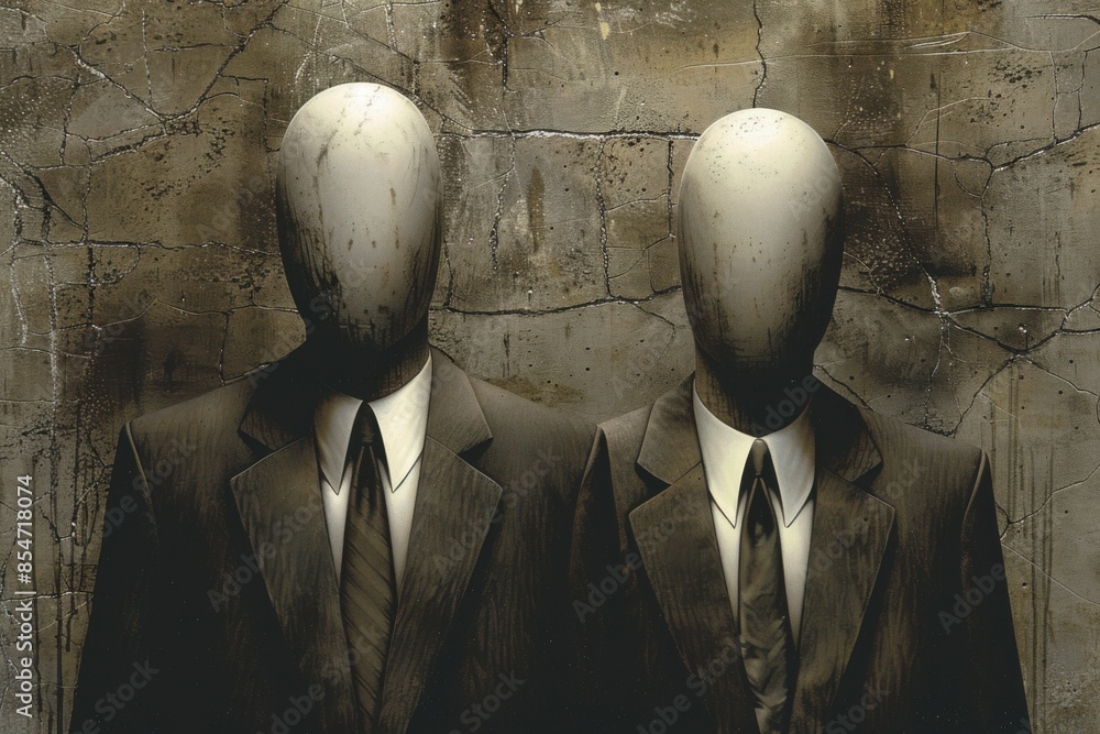 Surreal image of two faceless figures in business suits standing ...
