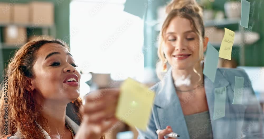 Woman, board and postit and happy for strategy, notes and employee for ...