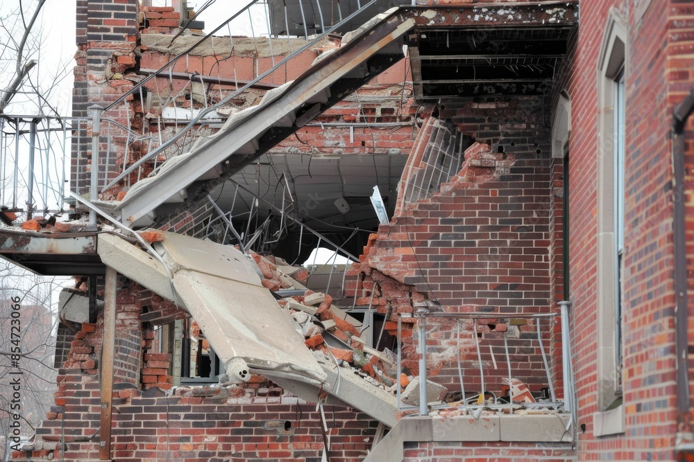 A collapsed brick building showing severe structural damage, exposed ...