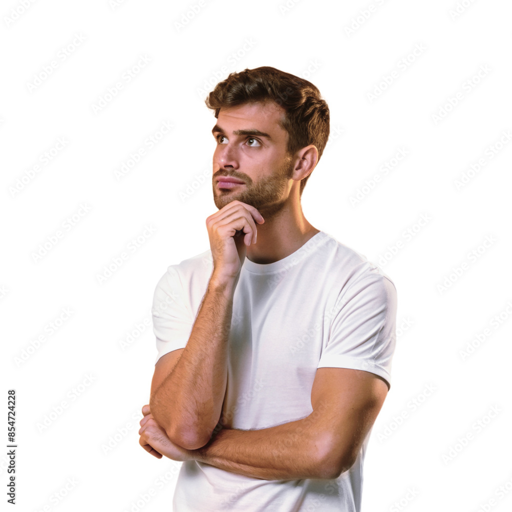 Thinking, man thinking, deciding something on isolated, transparent ...