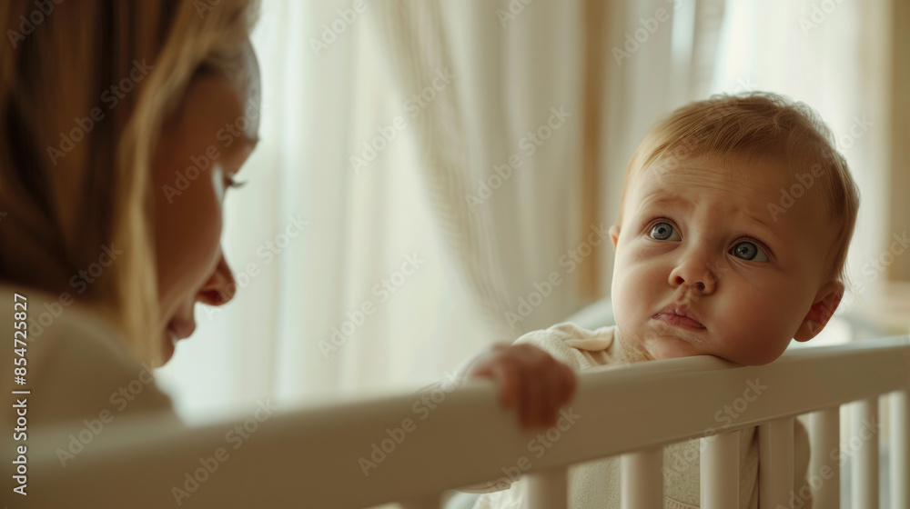 Crying baby standing up in crib, white background, closeup of crying ...