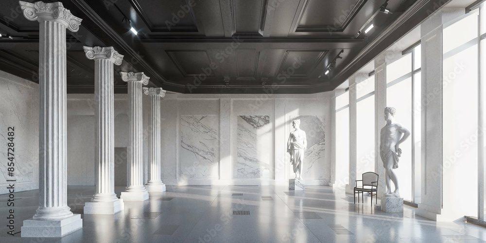 White marble statues in an empty museum room with tall columns and a ...
