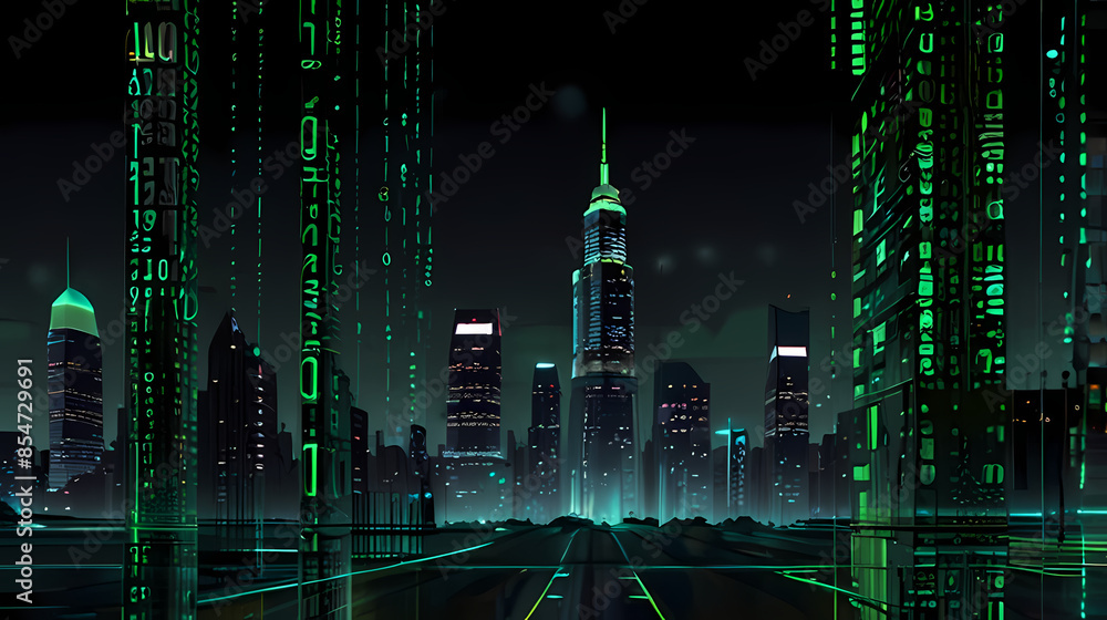 futuristic skyline at night with glowing green matrix code running down ...