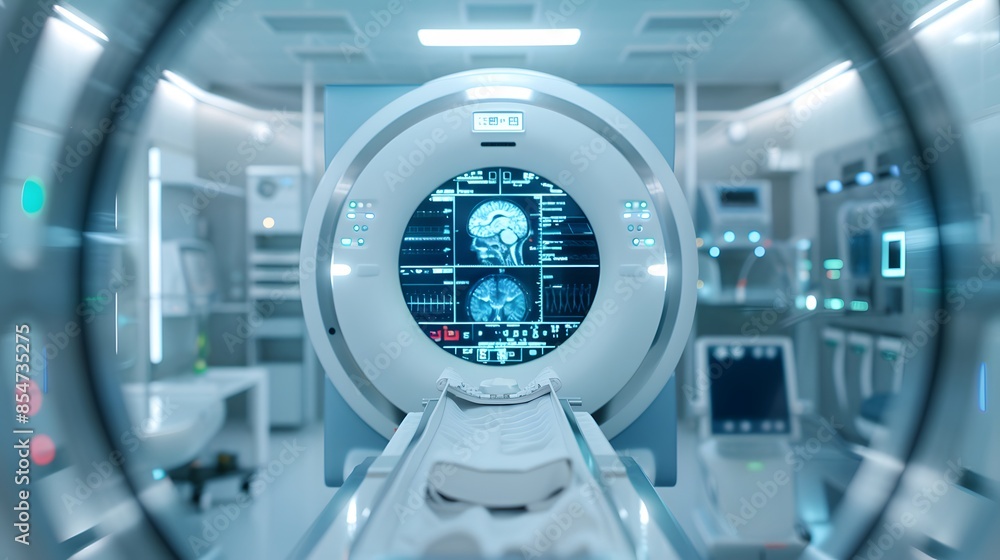 Advanced MRI scanner in a modern medical imaging room, showcasing brain ...