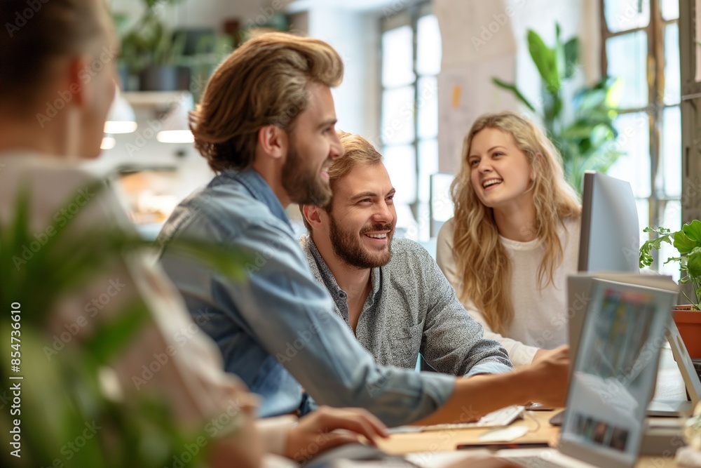 Portrait of happy employees in the office, Team work, Portrait of Happy ...