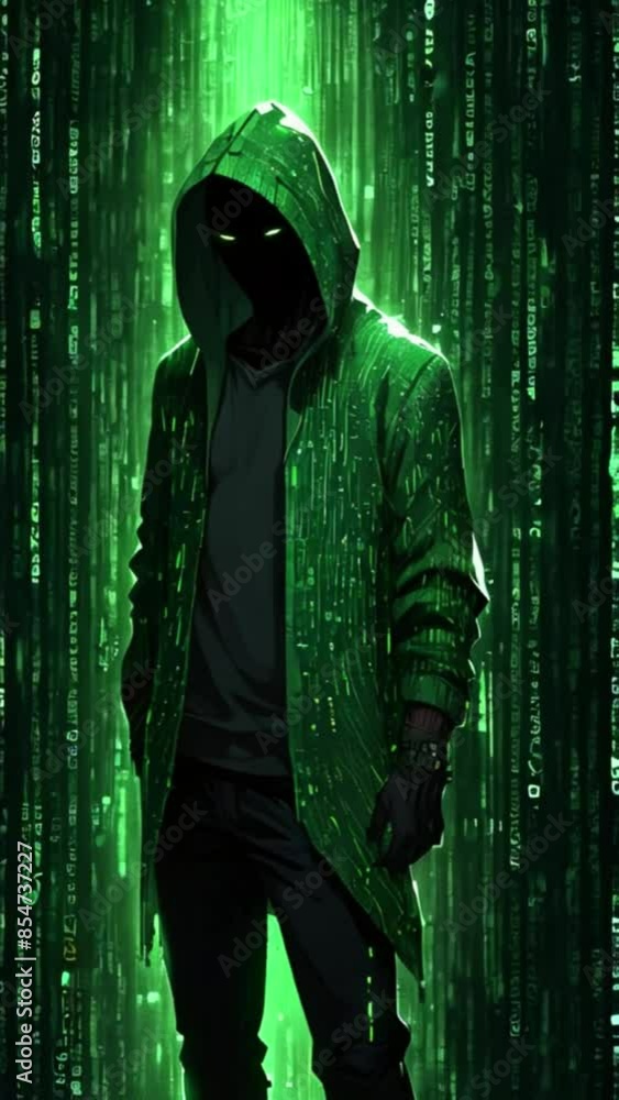 Hacker in a suit on coded green screen display like matrix for ...