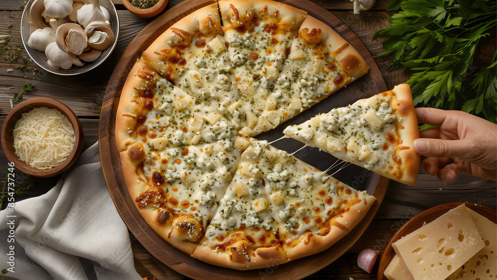 Four Cheese Pizza top view topped with a blend of four different ...