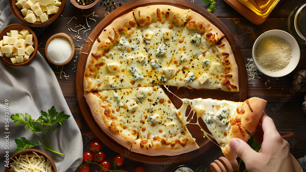 Four Cheese Pizza top view topped with a blend of four different ...