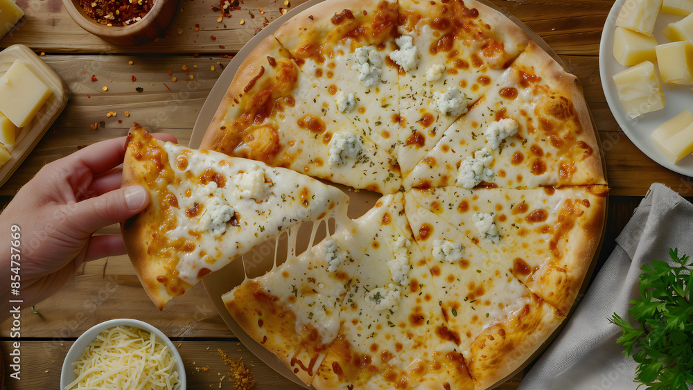 Four Cheese Pizza top view topped with a blend of four different ...