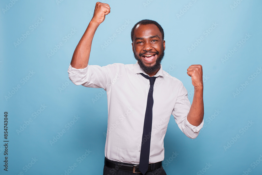 Excited african american bearded blogger dancing and having fun in ...