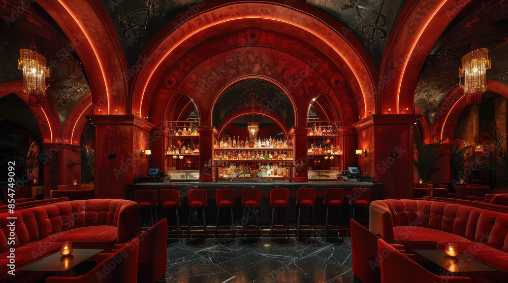 An upscale lounge or club, A dark red bar in the middle of an arch, red ...