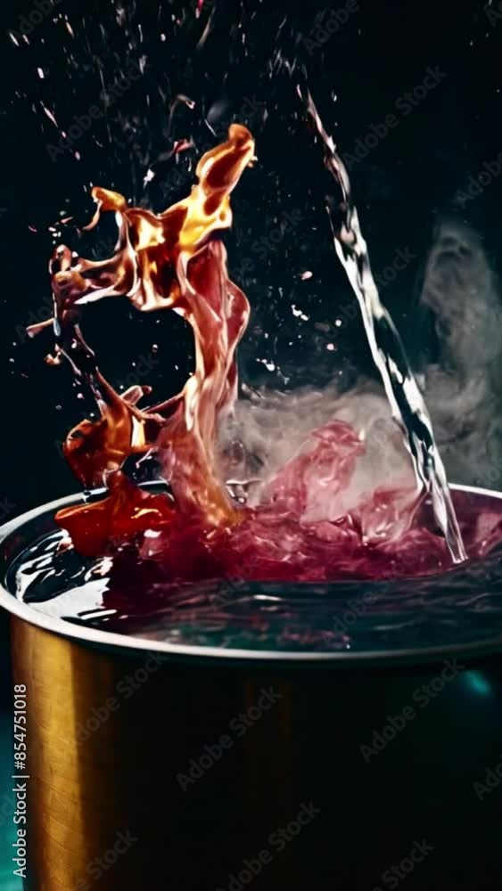Hot steamy water being poured into a golden bowl, closeup cinematic ...