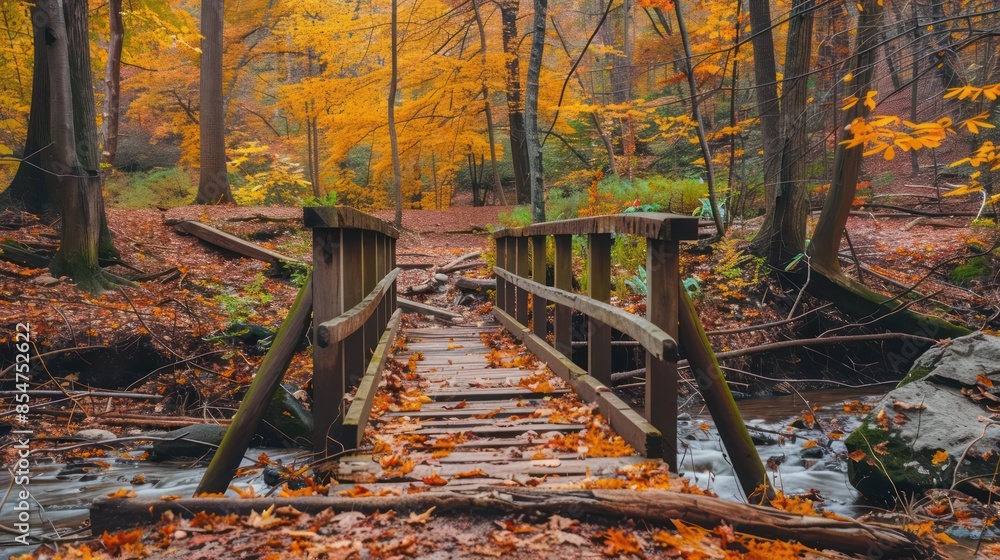 Autumn nature landscape. Lake bridge in fall forest. Path way in gold ...