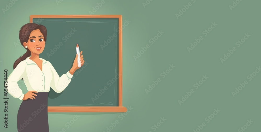 cute teacher woman stand near chalkboard. back to school. welcome to ...