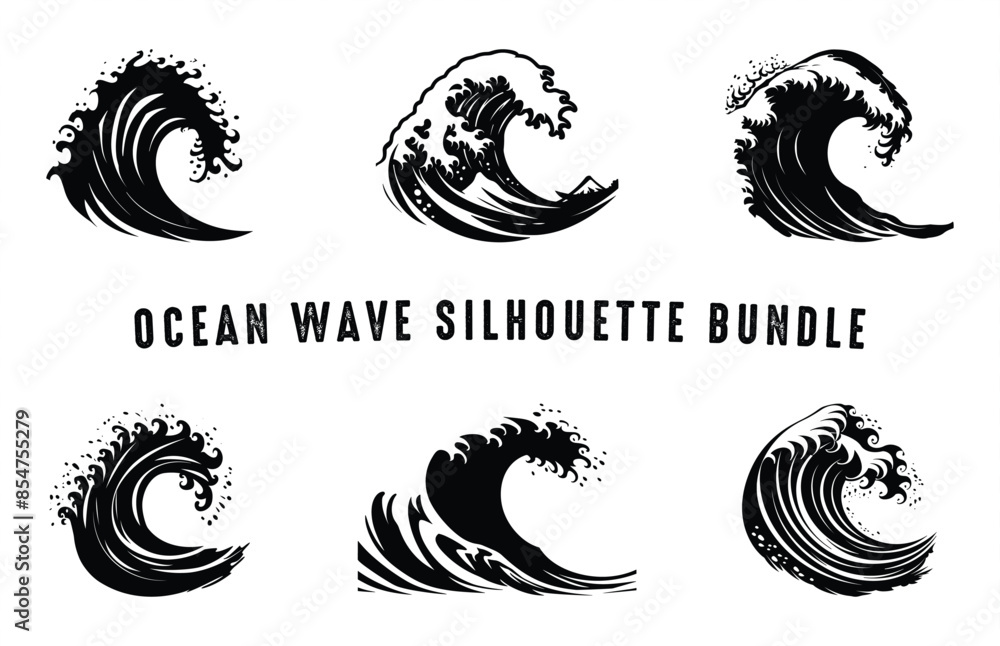 Sea Wave Silhouette Vector Vector bundle, Ocean Wave black Clipart Set ...