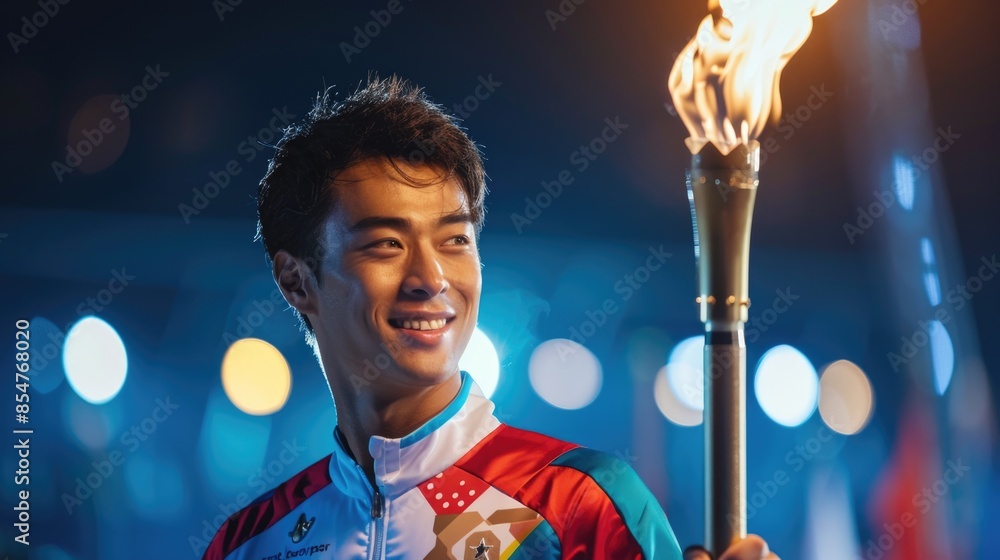 Asian sports man carries a torch with the Olympic flame, the opening ...