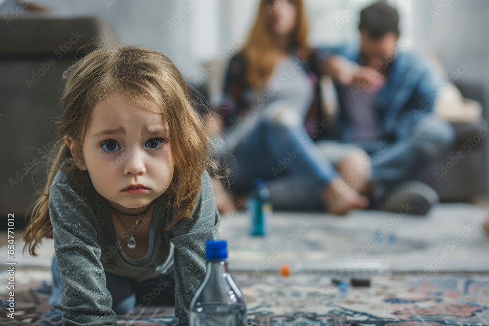 Little girl with sad look looks camera while in dirty apartment ...