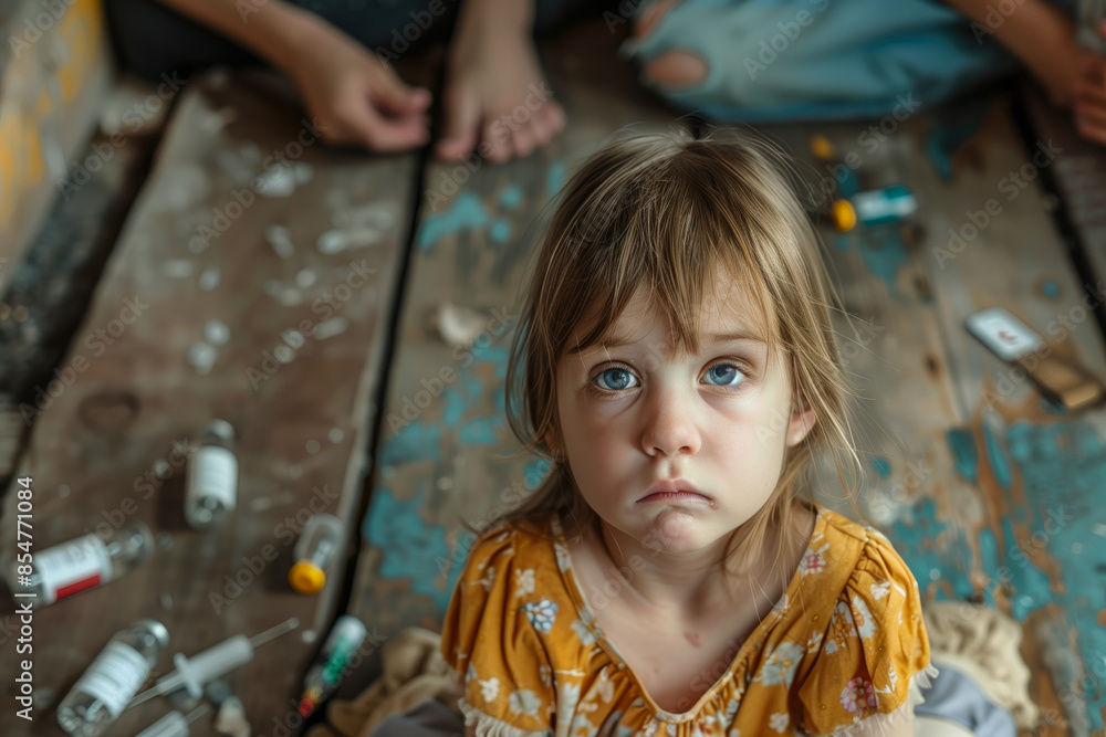 Little girl with sad look looks camera while in dirty apartment ...