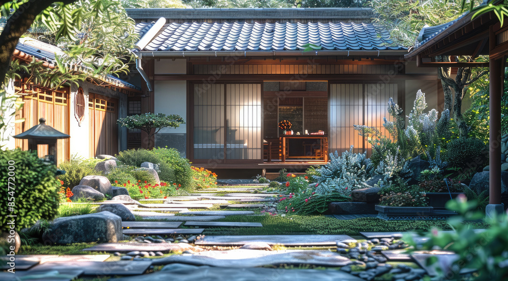 A traditional Japanese house with sliding paper doors, a tiled roof ...