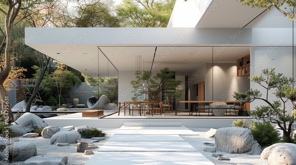 White courtyard with a dining area, surrounded by trees and rocks, in a ...