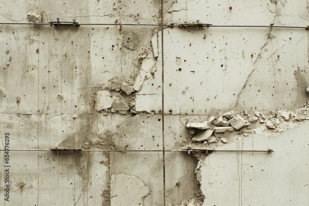 Detailed texture of a cracked concrete wall with exposed rebar, showing ...