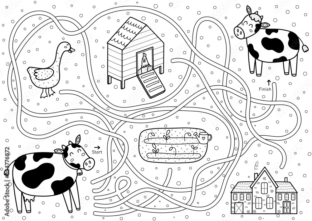 Help mother cow to find a way to her baby calf. Farm maze black and ...