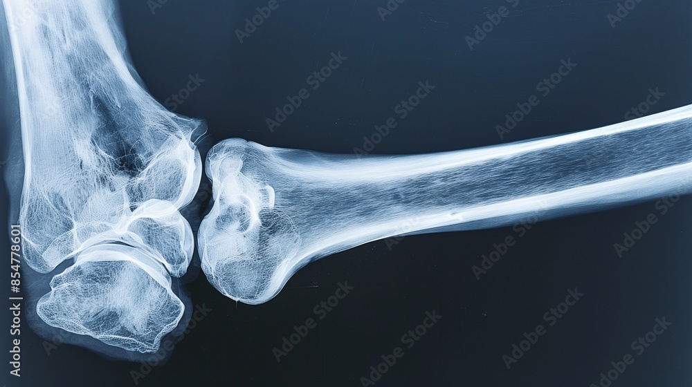 High-resolution X-ray of a broken femur bone with clear fracture lines ...