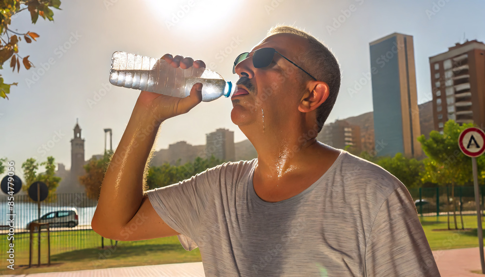 Middle aged man water thirsty and sweaty from hot weather. Summer heat ...